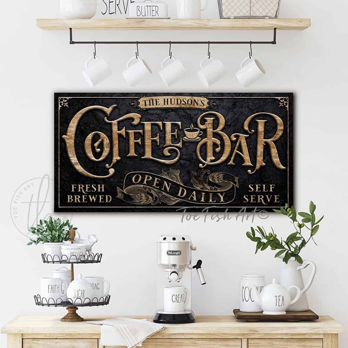 Coffee Bar Personalized Sign, Fresh Brewed Self Serve Open Daily Styli ...
