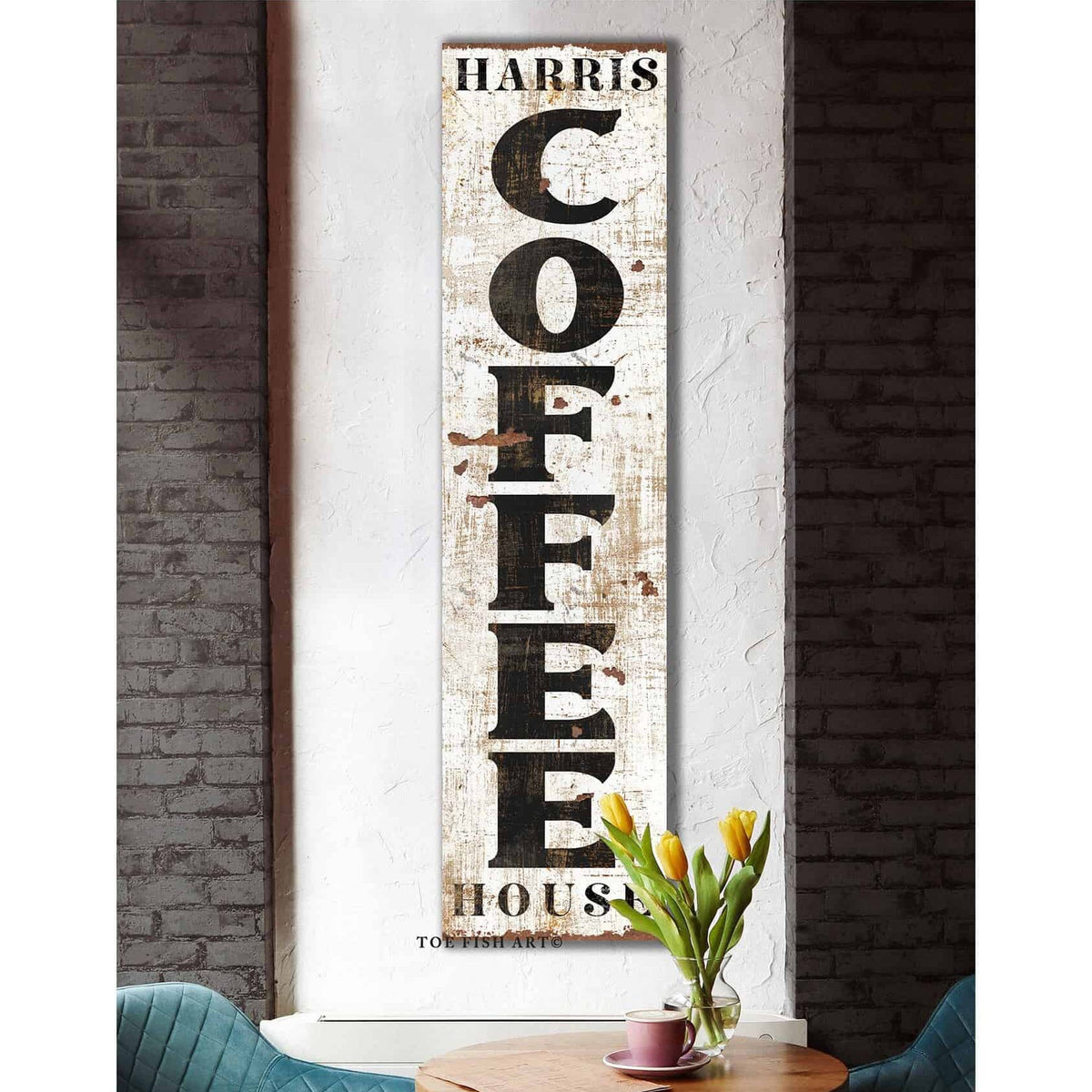 Personalized Coffee House Sign, Thin Vertical Rustic Sign – Toe Fish Art