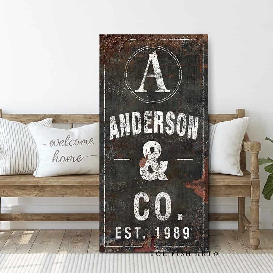 Rustic Vertical Personalized Family Name & Co. Sign with Initial and E ...