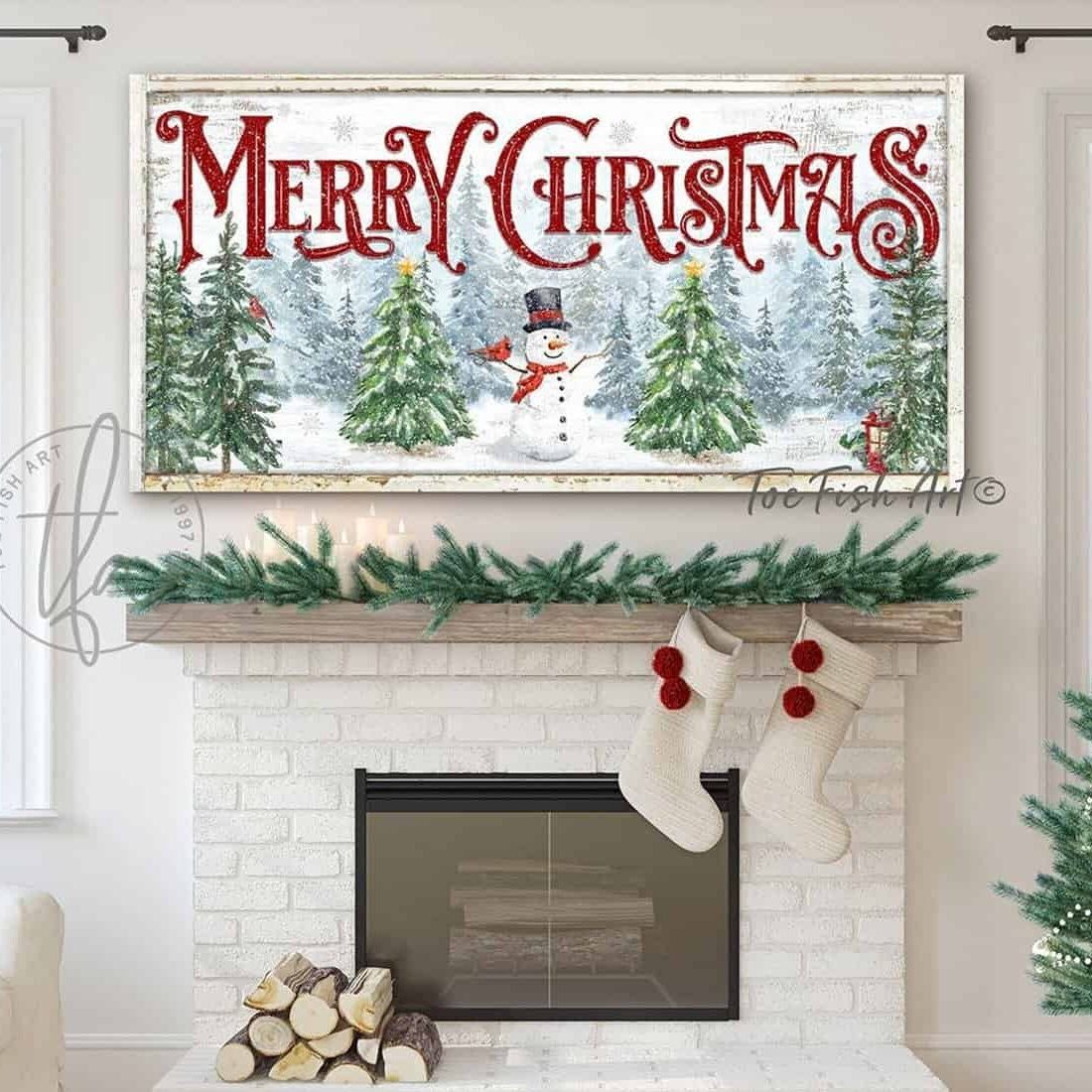 Merry Christmas Sign festive decoration, winter wonderland trees snowm ...