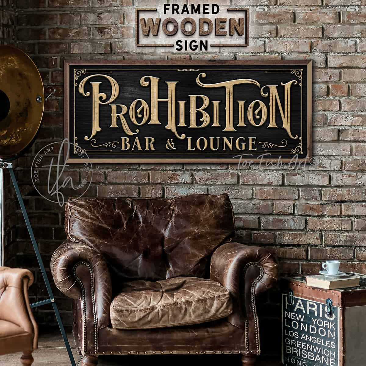 Prohibition Bar & Lounge Sign Framed Hardwood Shiplap – Toe Fish Art