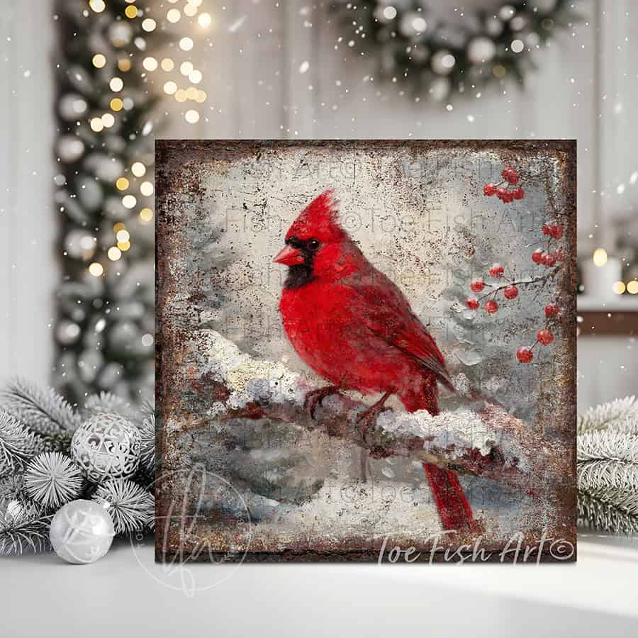 Vintage Woodland Cardinal Bird Wall Art | Rustic Cottage Christmas Win ...