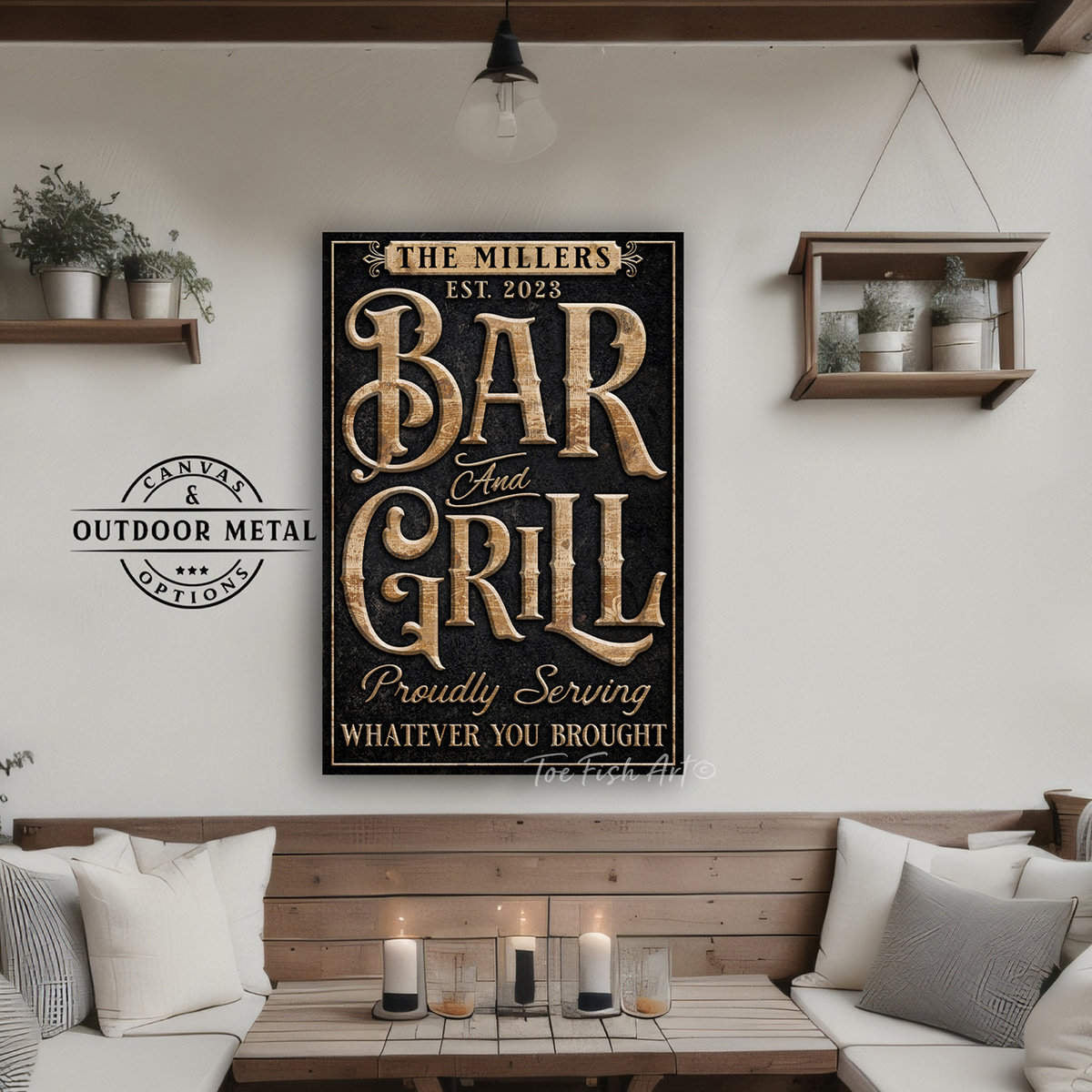 Bar and Grill Canvas or Outdoor Metal Personalized Vertical Sign – Toe ...