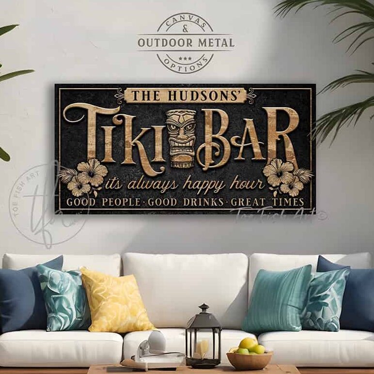 Tiki Bar Canvas or Outdoor Metal Personalize-able Sign with color opti ...